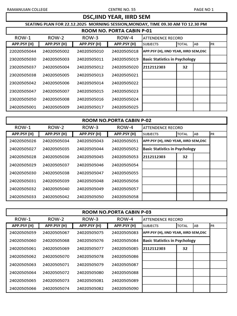 22.12.2025 Morning Seating Plan | PDF | Mathematics | Science