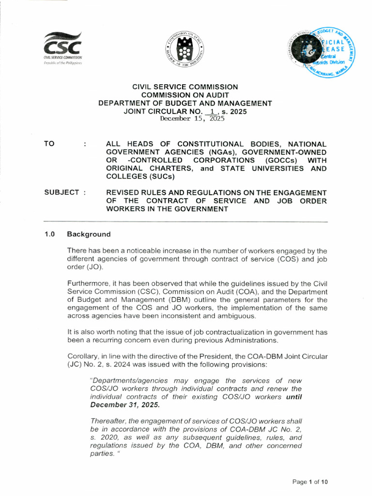 CSC Coa DBM Joint Circular No. 1 S. 2025 | PDF