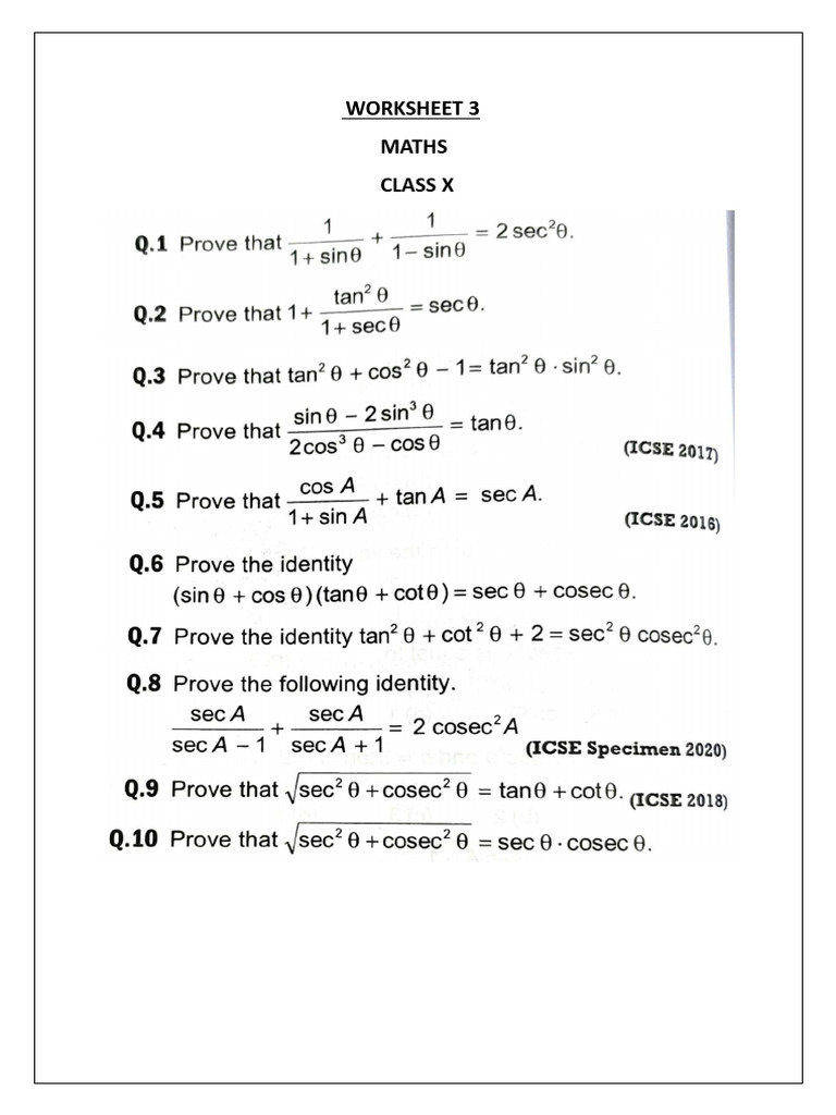 Worksheet 3 Maths Class 10 2025 | PDF