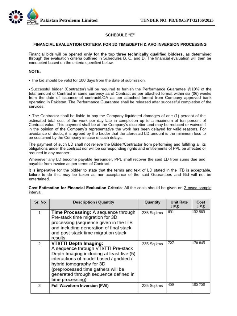 Schedule E and Schedule F - 3D Time and Depth Siesmic Data Reprocessing ...
