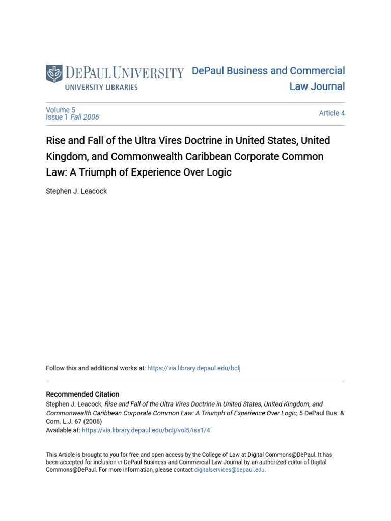 Rise and Fall of the Ultra Vires Doctrine in United States United | PDF ...