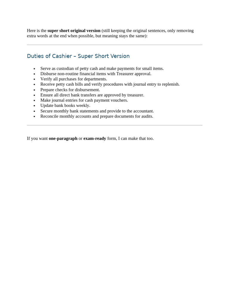 Duties of Cashier | PDF
