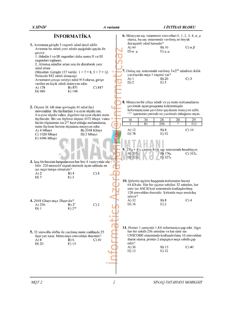 10 Sinif Hədəf Informatika Az-rus 13 Oktyabr 2024 MQT 1 | PDF