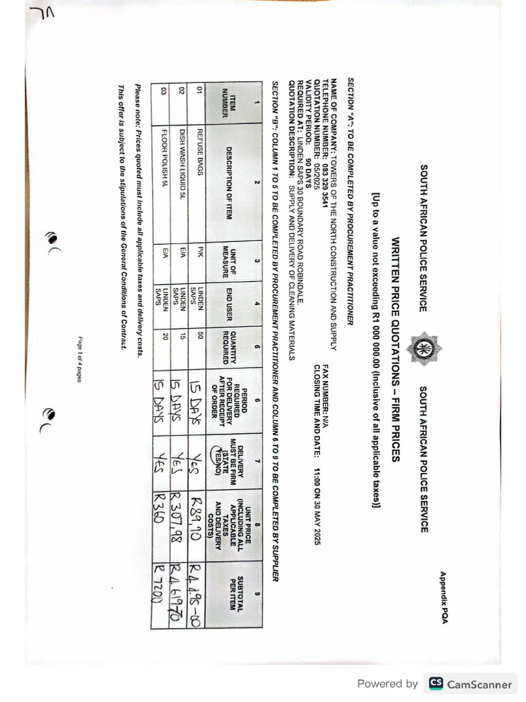 SAPS Supply and Delivery of Cleaning Materials Written Price Quotation ...