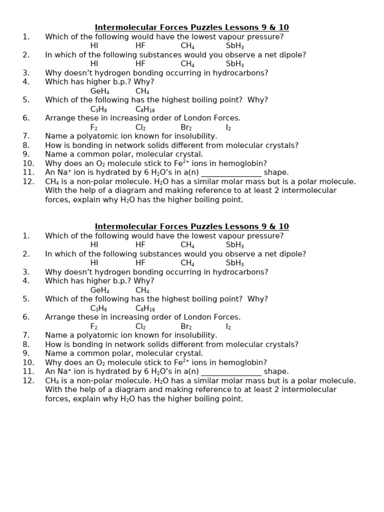 10 - Intermolecular Forces Questions | PDF
