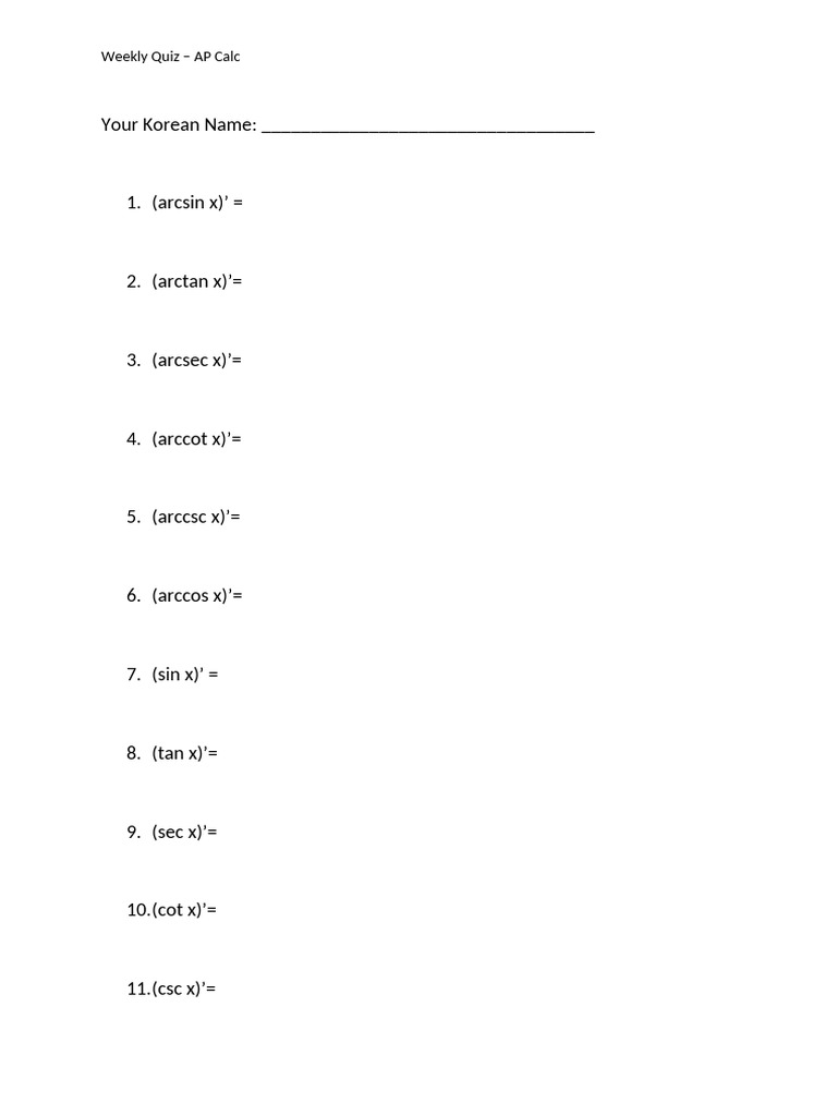 AP Calculus Weekly Quiz on Derivatives | PDF