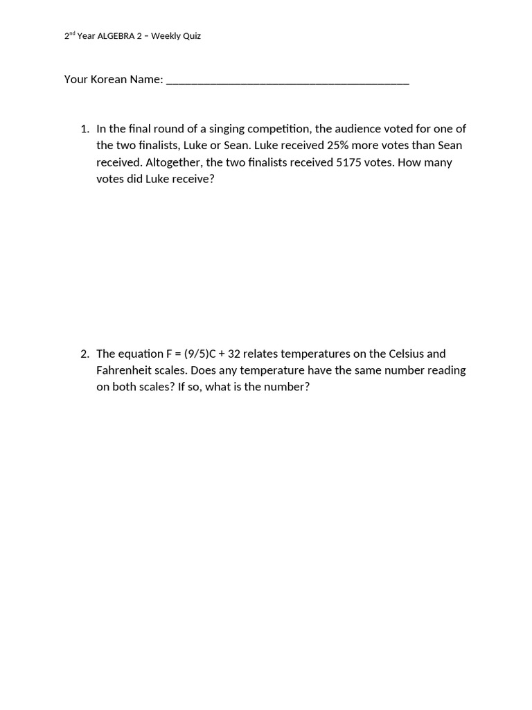 Algebra 2 Weekly Quiz Questions | PDF