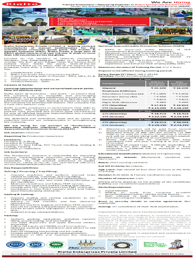 Rialto Enterprises Diploma NAPS Trainee 2026 Batch | PDF