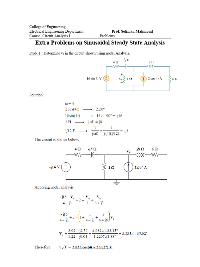 Sinusoidal Steady State Circuit Problems | PDF