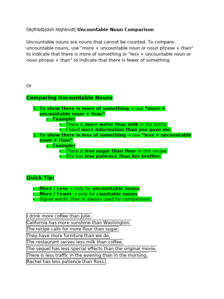 Comparing Uncountable and Countable Nouns | PDF | Adjective | Noun