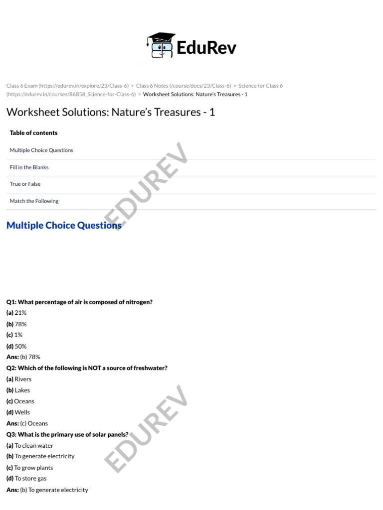 Class 6 Science Worksheet Solutions | PDF | Renewable Energy | Water