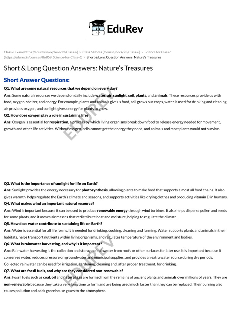 Nature's Treasures Important Question Answer - Class 6 Science - FREE ...