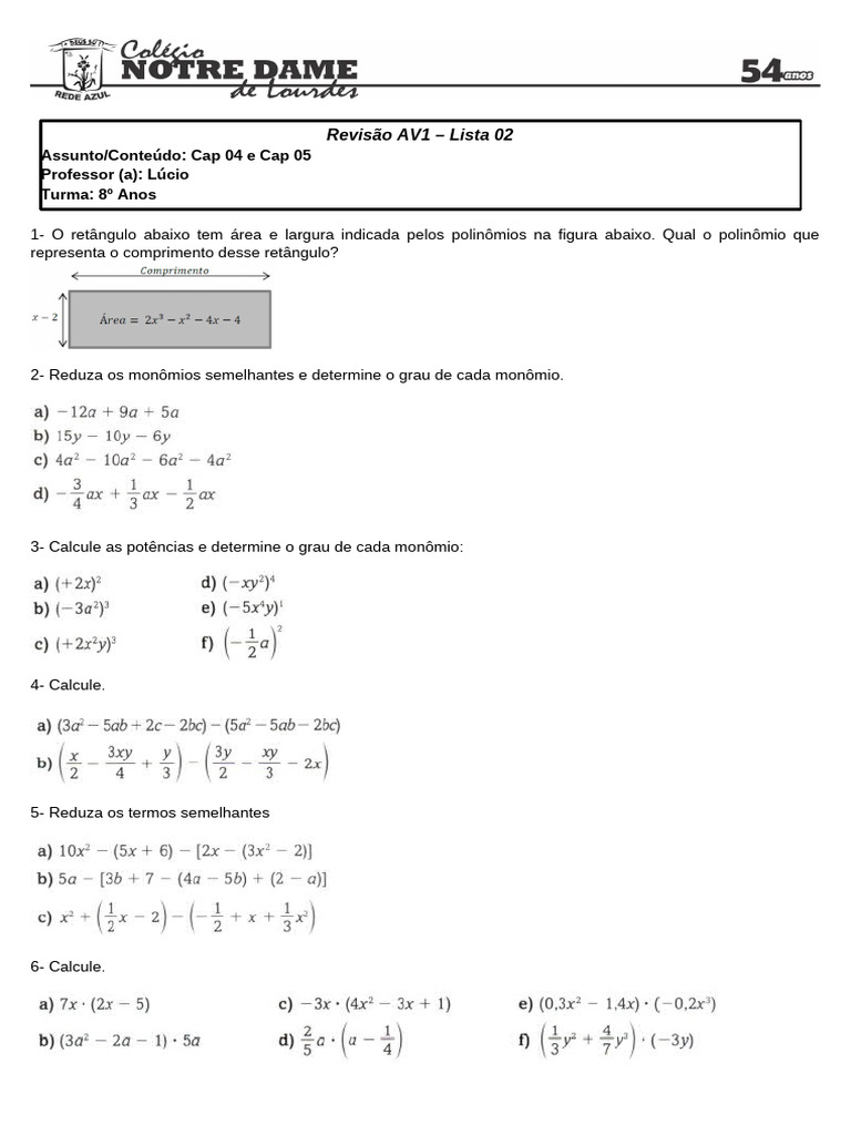 2Bim AV1 - Matemática 8º anos ABCDE Lista de Revisão 02 | PDF