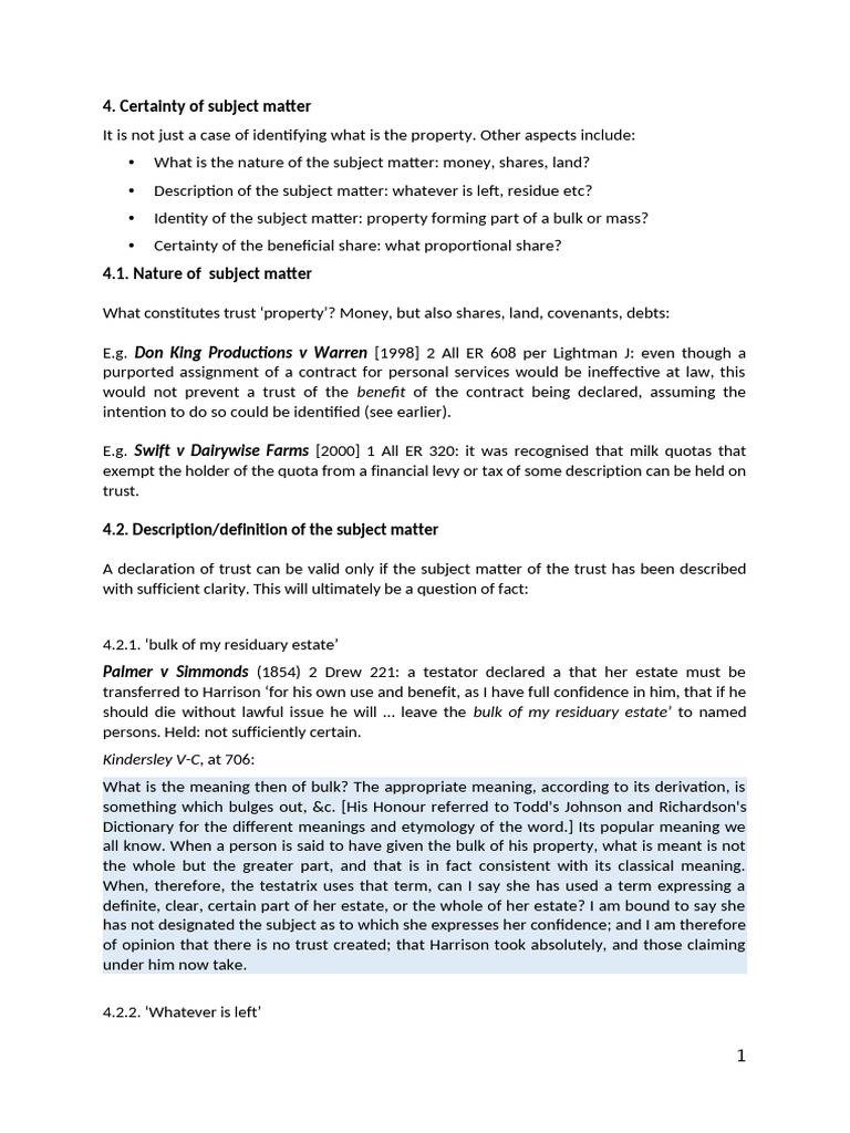 Certainty in Trust Subject Matter | PDF | Private Law | Civil Law ...