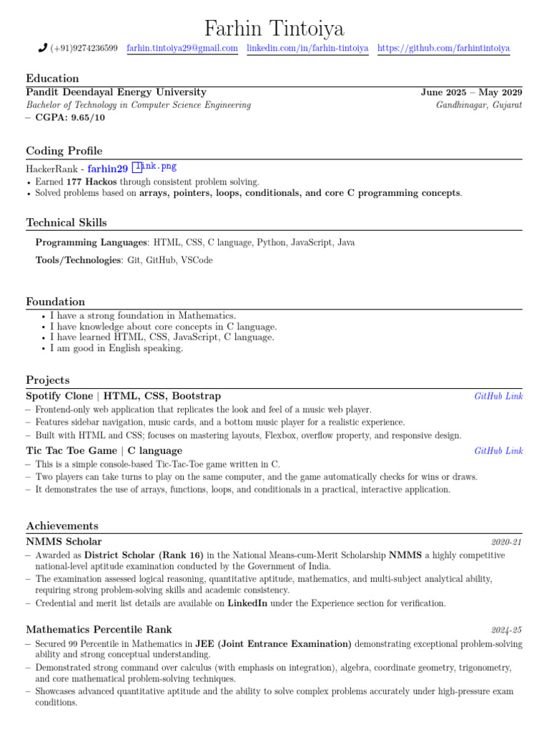 Farhin First Year Final Resume (1) | PDF | Mathematics | C (Programming Language)