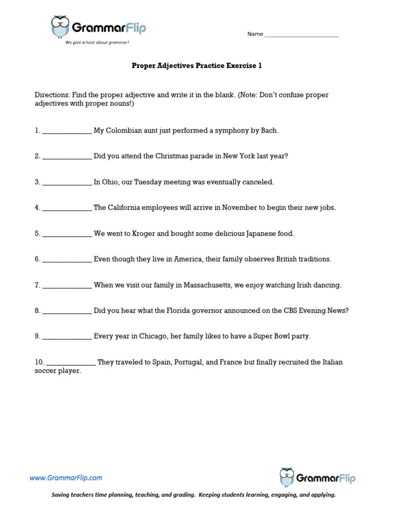 Proper Adjectives Practice Exercise | PDF