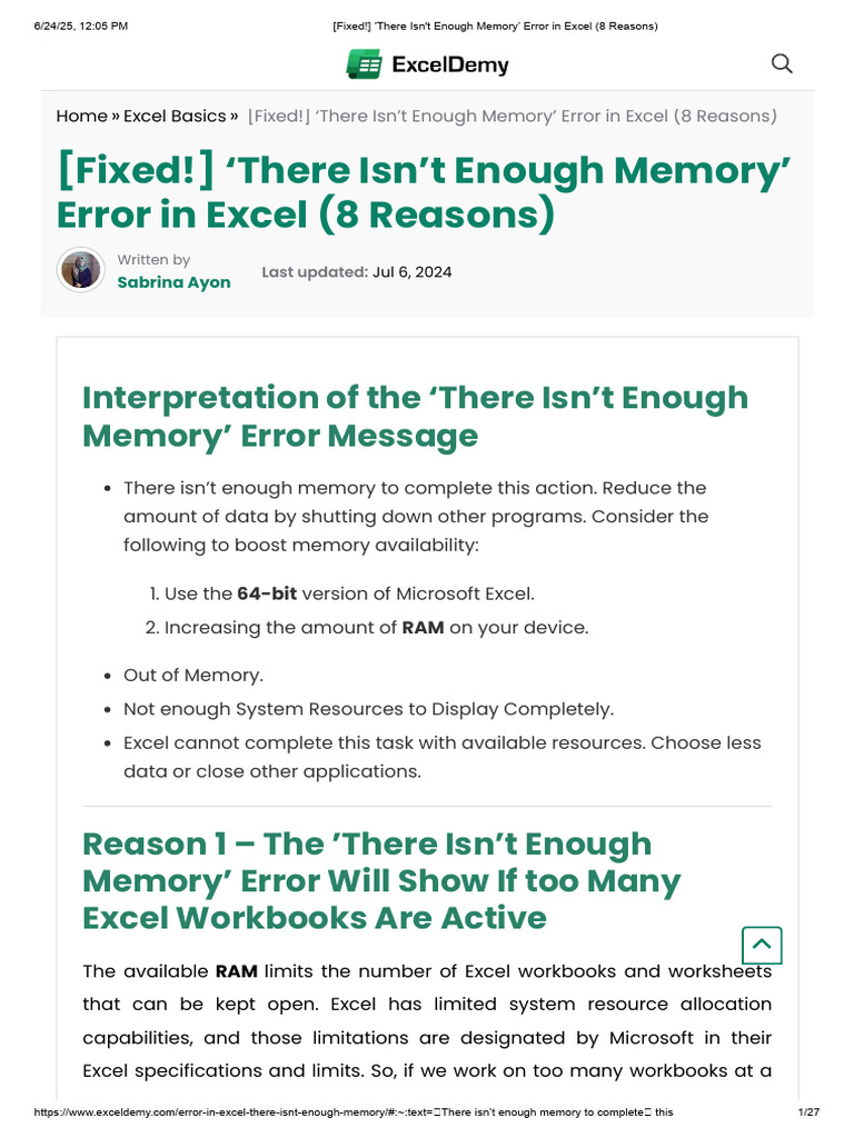 Excel_There Isn't Enough Memory’Error (8 Reasons)_ExcelDEmy_24Jun2025 ...