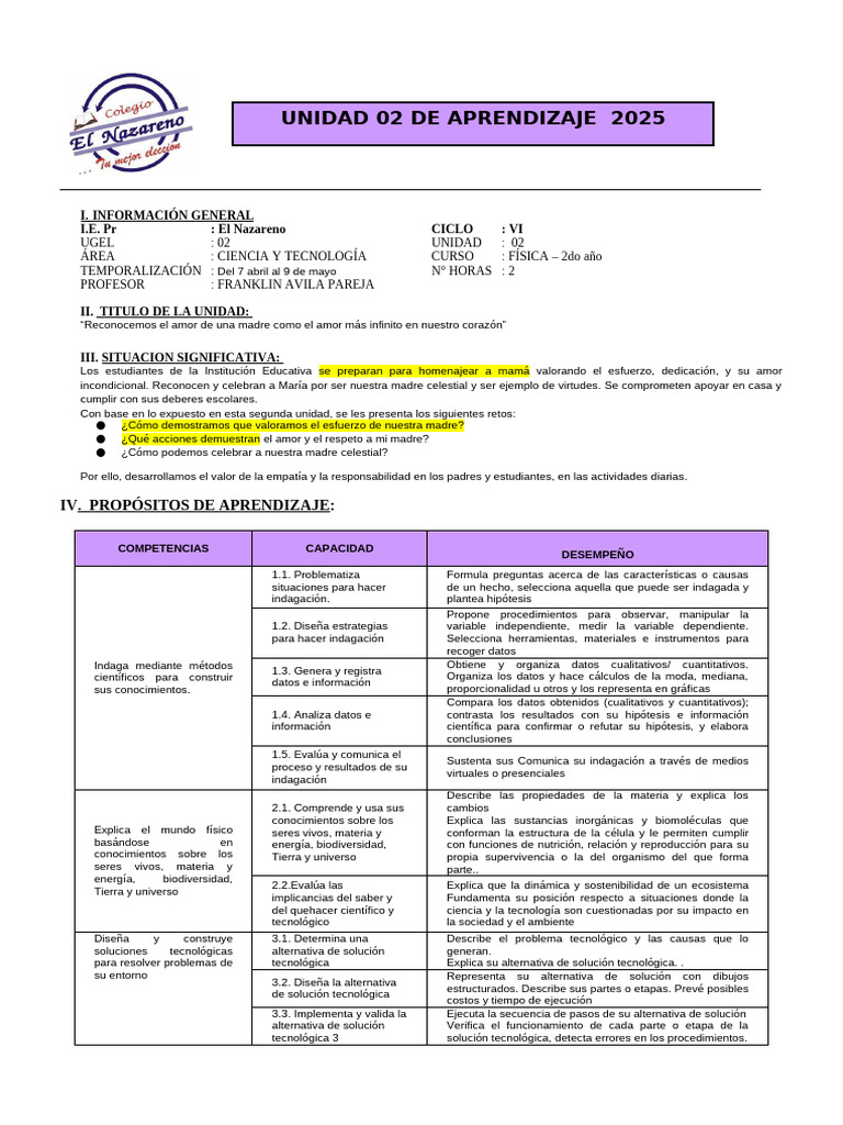 Unidad 02 2do Sec Física 2025 | PDF | Aprendizaje