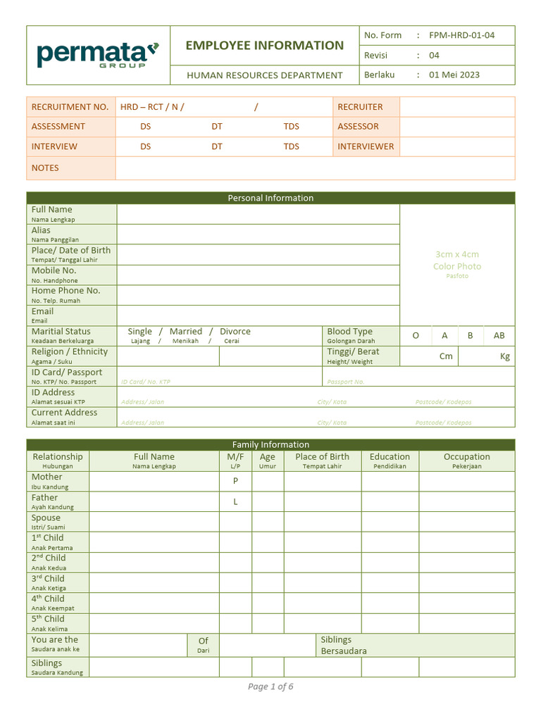 FPM-HRD-01-04 Employee Information Form R4 Mei 2023 | PDF