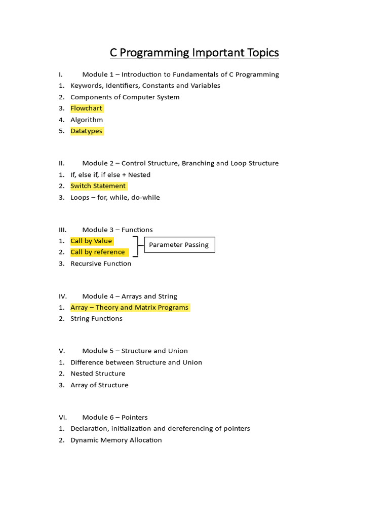 Key Topics in C Programming | PDF