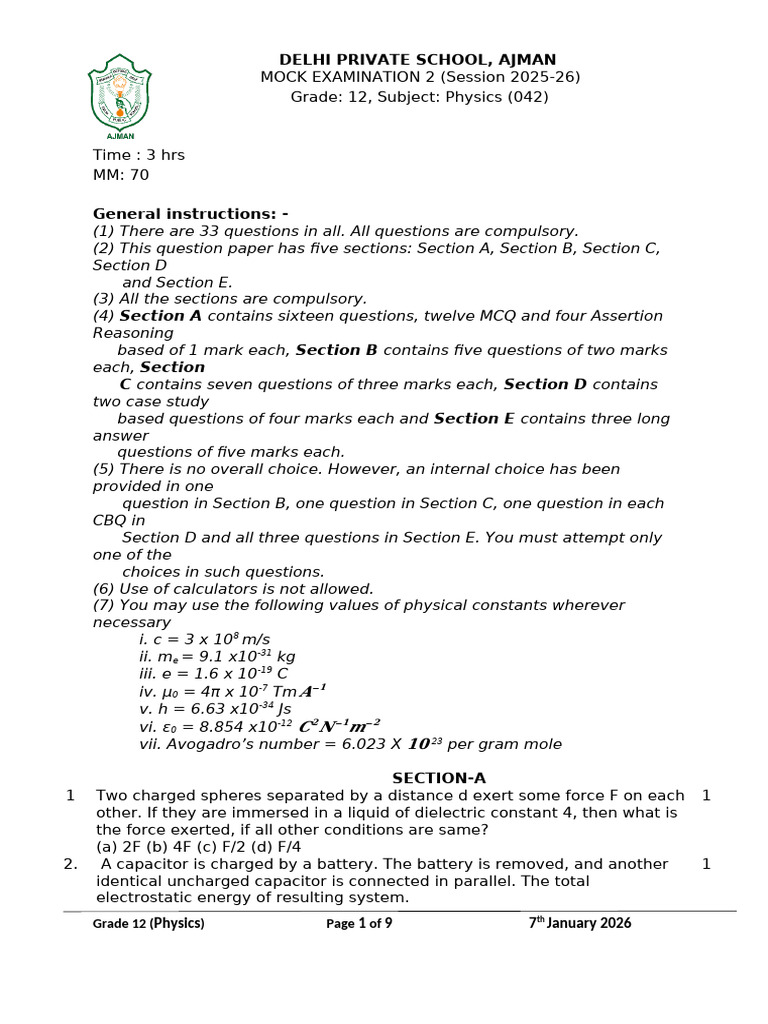 Grade 12 Physics Mock Exam 2025-26 | PDF | Capacitor | P–N Junction