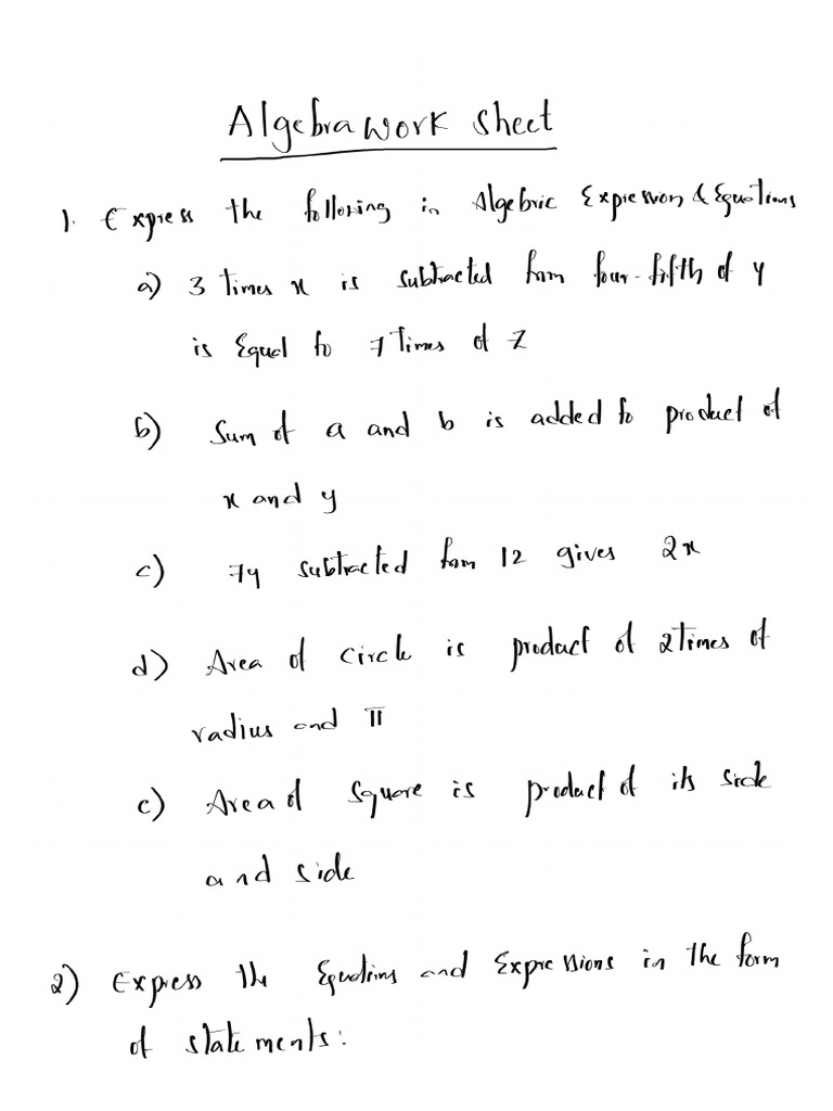 Algebra Work Sheet | PDF