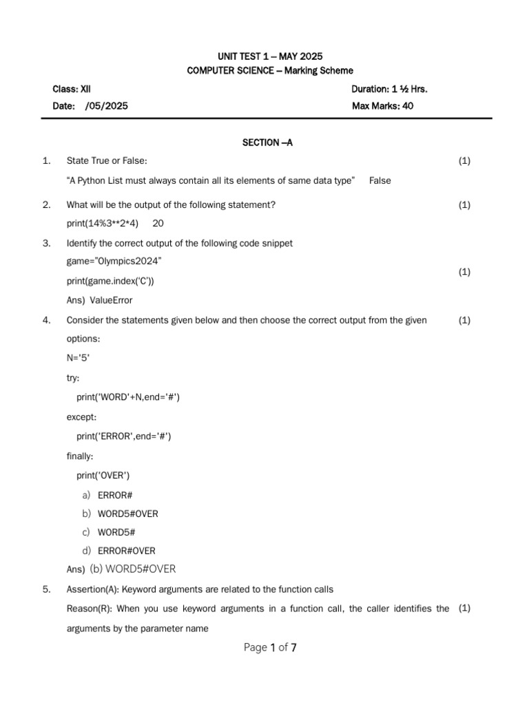 Computer Science Unit Test Marking Scheme | PDF | Parameter (Computer ...
