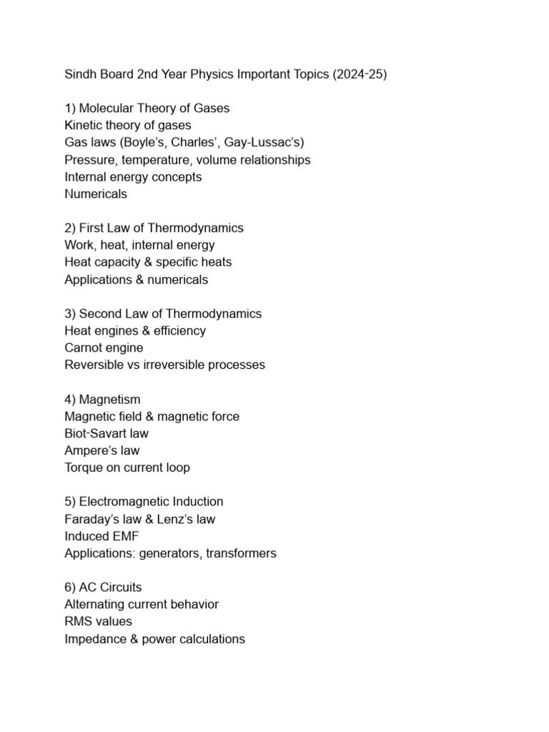 Sindh Board 2nd Year Physics Topics 2024 | PDF