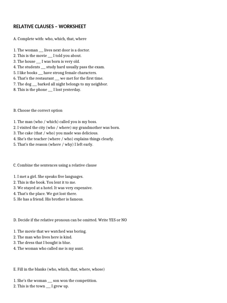Relative Clauses Worksheet | PDF | Grammar | Syntax