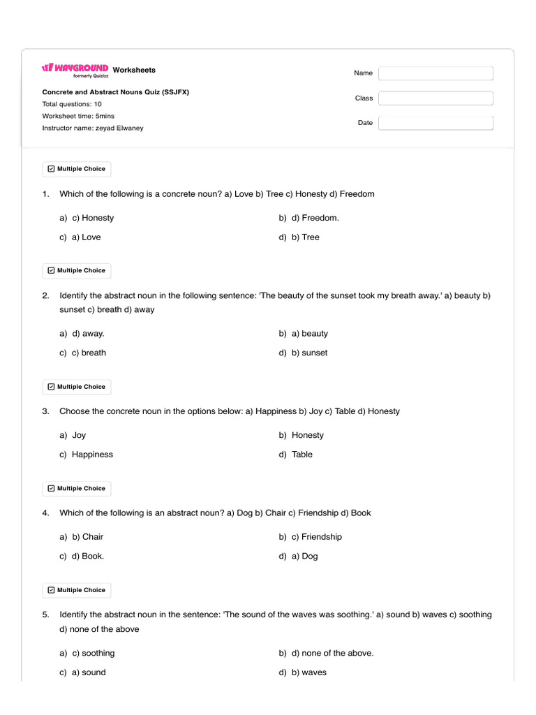 Concrete and Abstract Nouns Quiz (SSJFX) _ Wayground | PDF | Chess ...