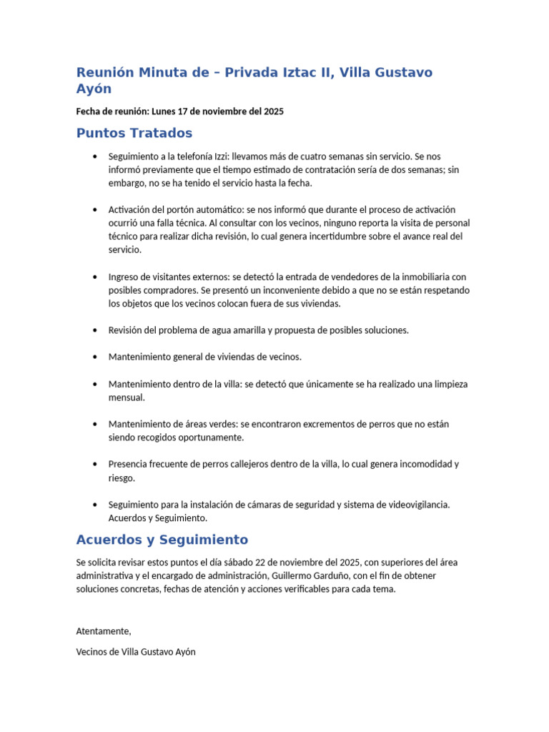 Minuta de Reunión: Problemas en Iztac II | PDF