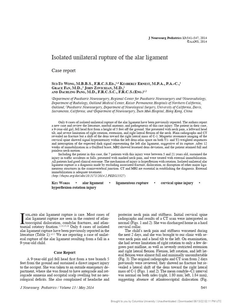Isolated Alar Ligament Rupture Case Study | PDF | Magnetic Resonance ...