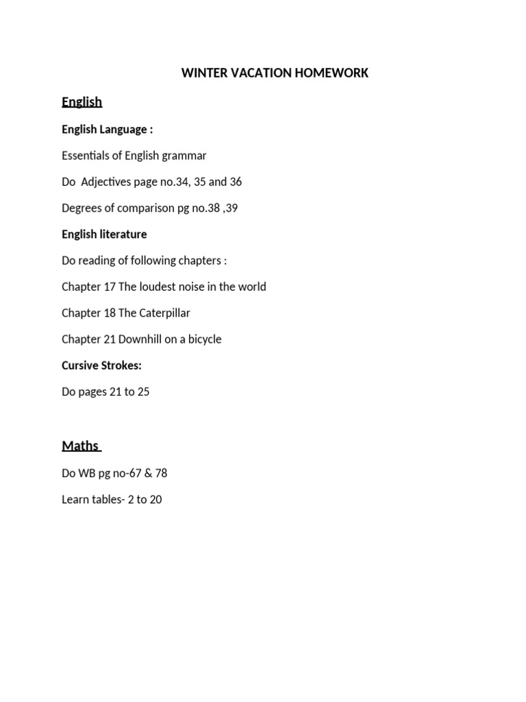 Winter Vacation Homework English | PDF
