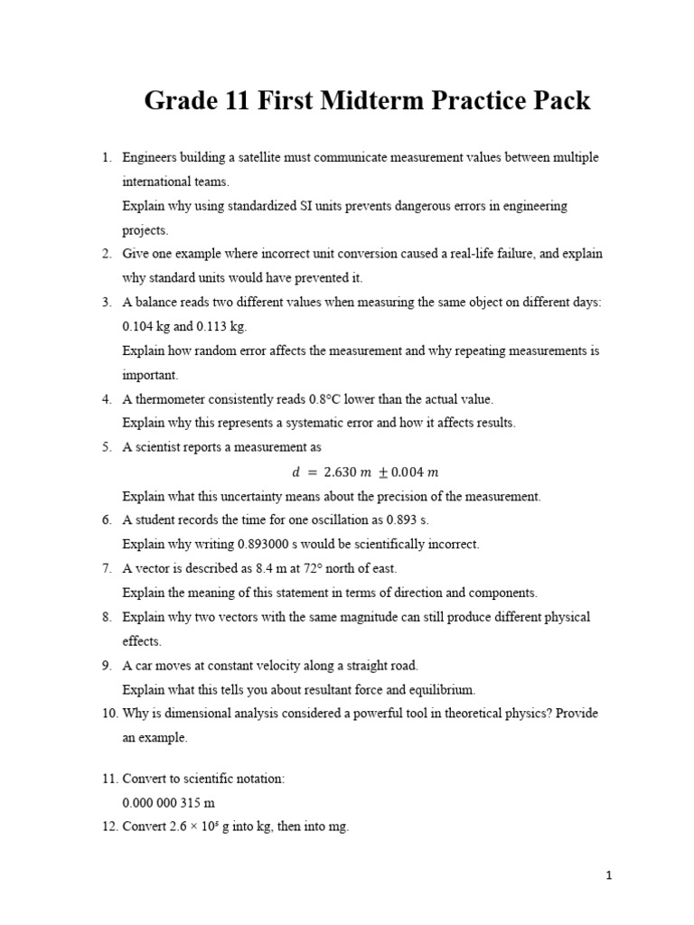 Grade 11 First Midterm Practice Pack | PDF | Significant Figures ...