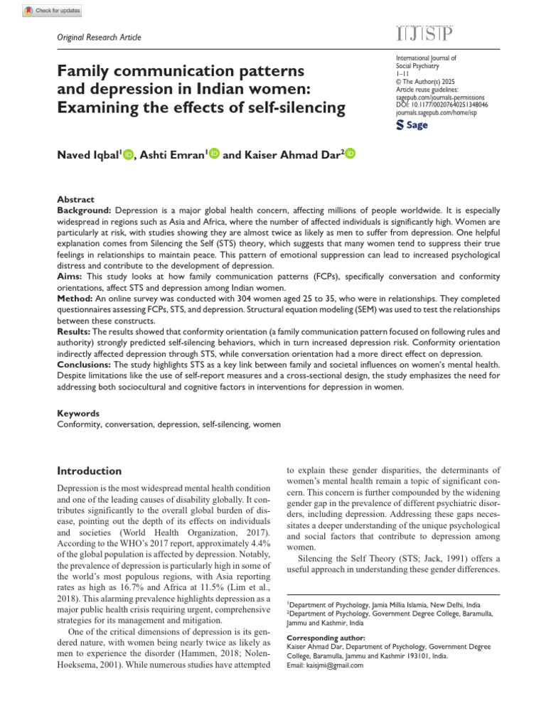 Iqbal Et Al 2025 Family Communication Patterns and Depression in Indian ...