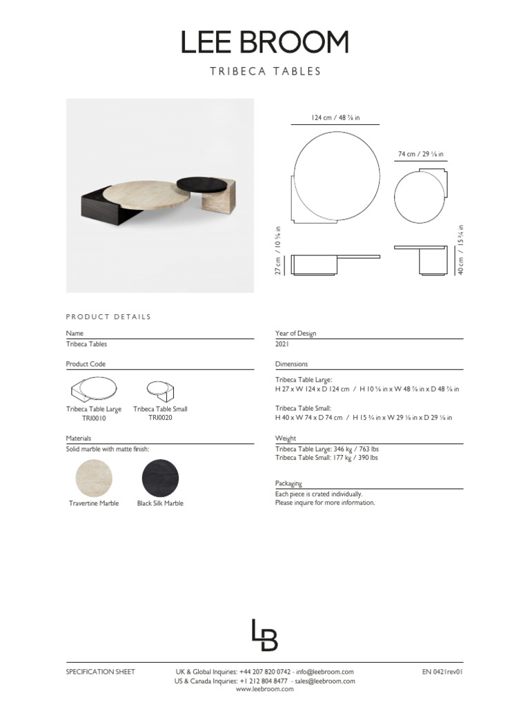 Tribeca Marble Tables Specifications | PDF