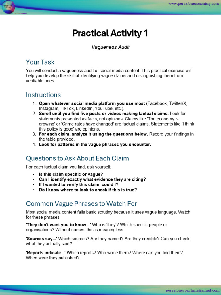 PRACTICAL ACTIVITY 1 Vagueness Audit - Resource - Practical Activity 1 ...