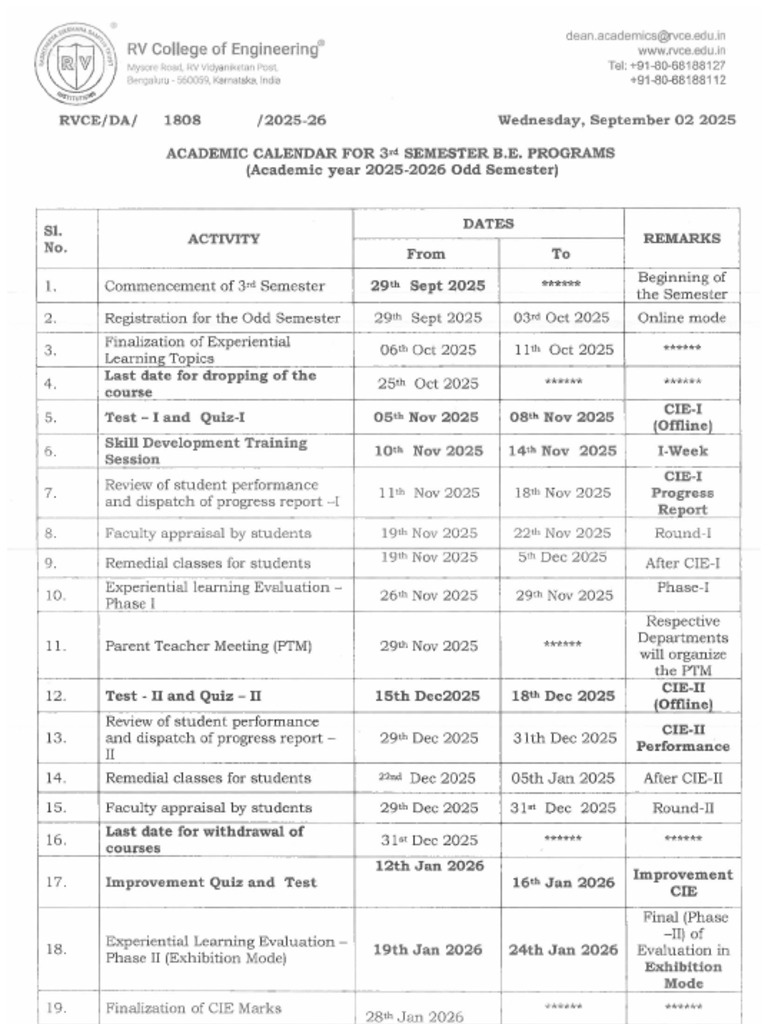 3rd Sem Academic Calendar | PDF