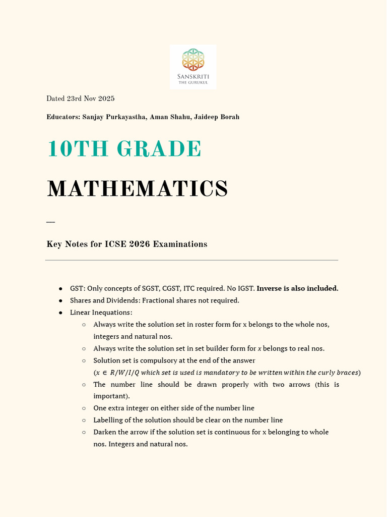 ICSE 2026 10th Grade Math Key Notes | PDF | Numbers | Mathematical Objects