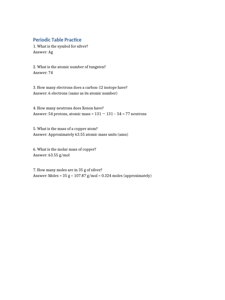Periodic Table Practice Answers | PDF