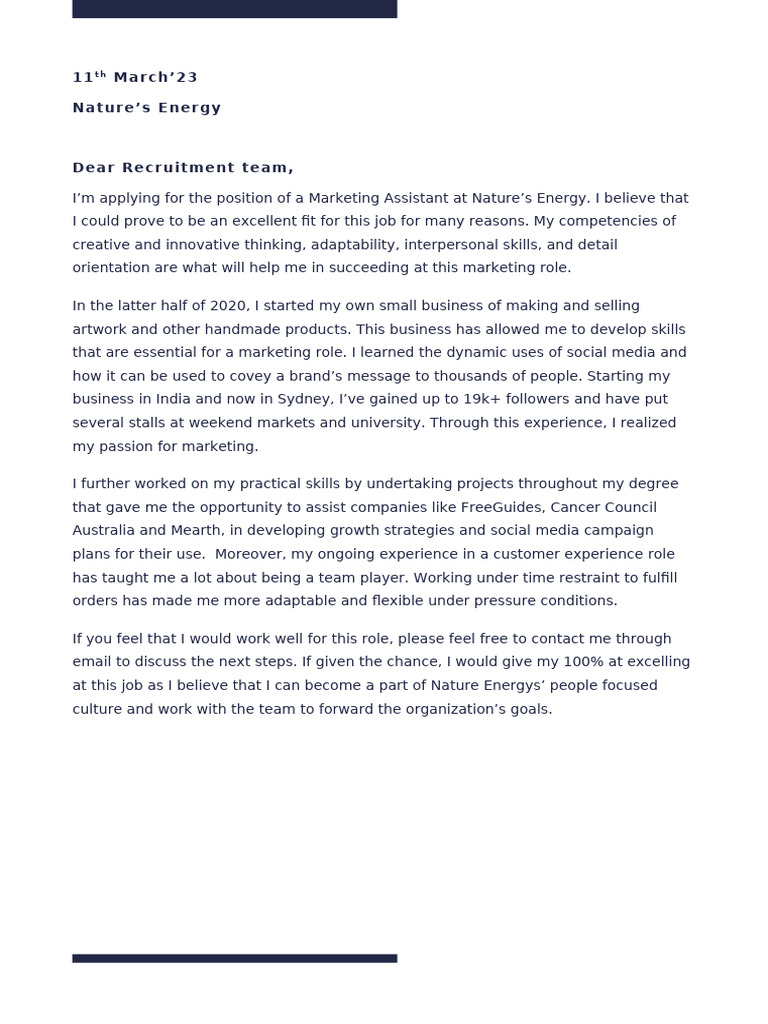 Cover Letter - Nature's Energy | PDF