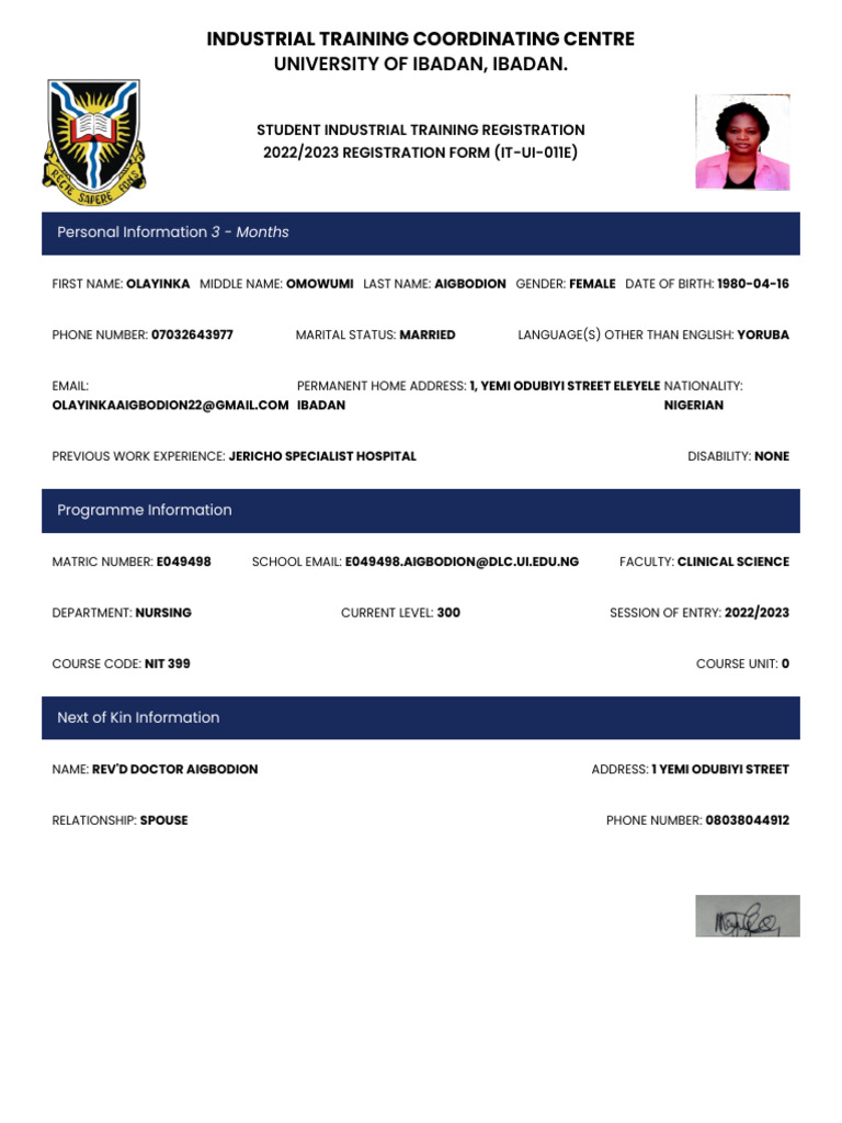Student Industrial Training Registration Form | PDF