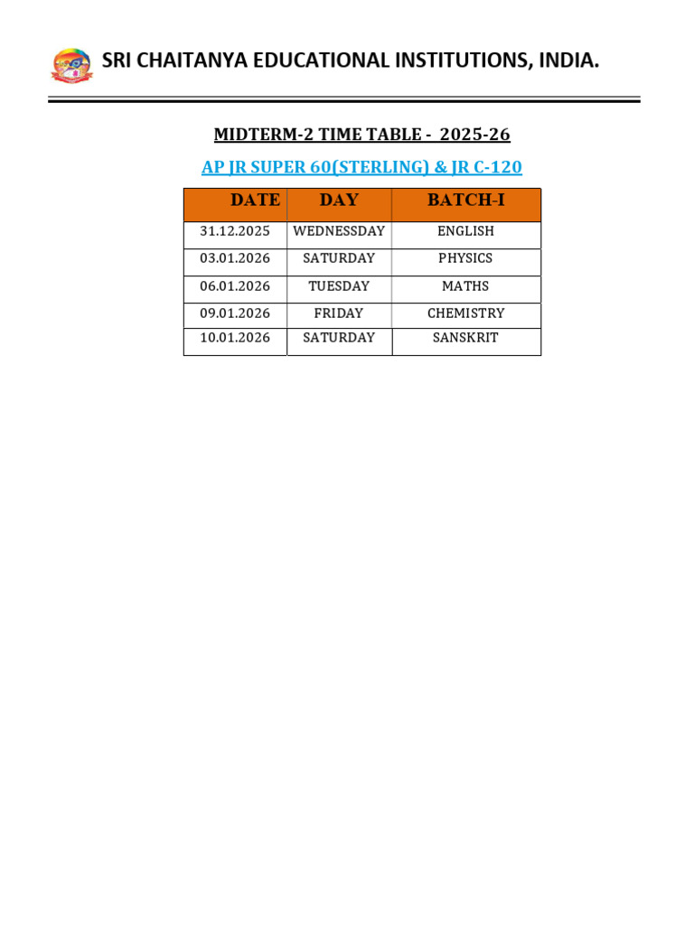 AP JR Iit - Super 60 (Sterilng) & JR C-120 - Midterm-2 - Time Table | PDF