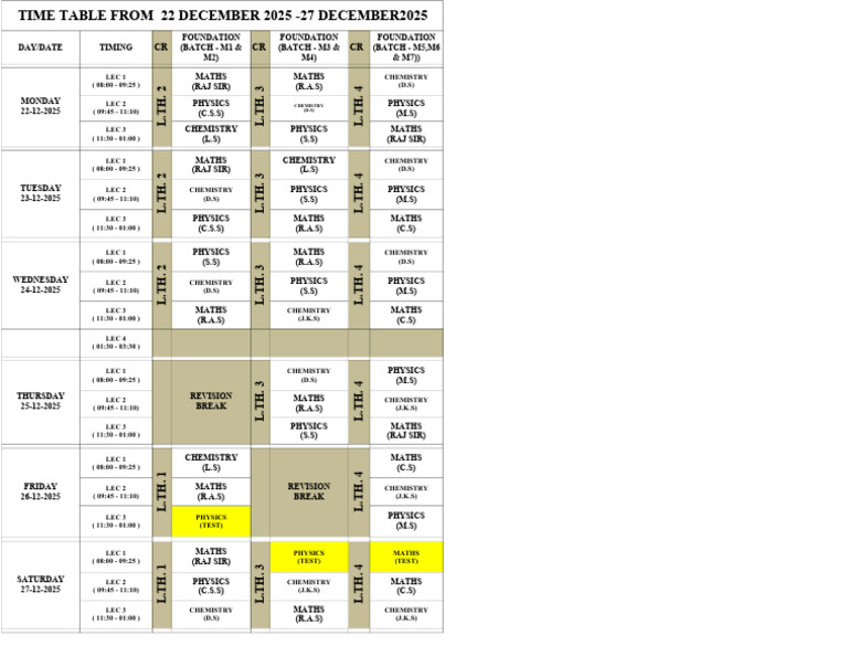 Foundation Morning Timetable 22dec. to 27dec. | PDF