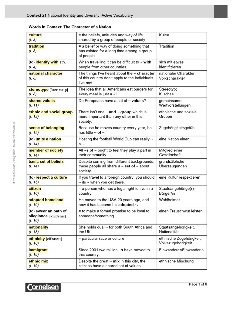 Key - Vocabulary - National Identity and Diversity | PDF ...