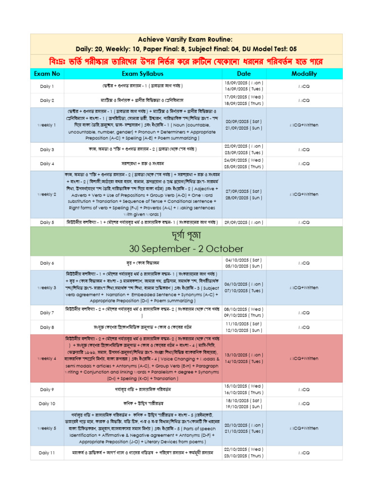 Varsity Batch Achieve Exam Routine 2025 (1) | PDF