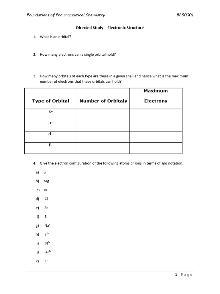 Directed Study 1-2 Electronic Structure | PDF