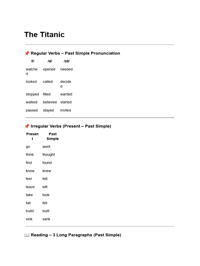 Titanic: Past Simple Verbs & Lessons | PDF | Ships