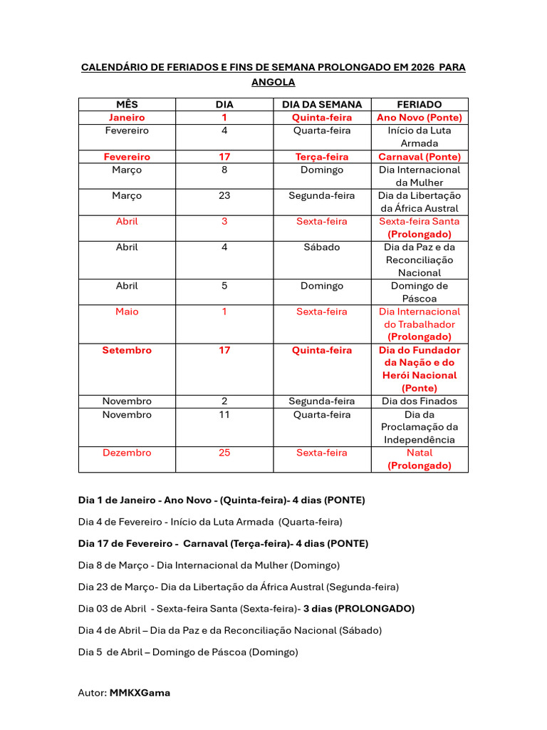 Feriados e Fins de Semana em Angola 2026 | PDF