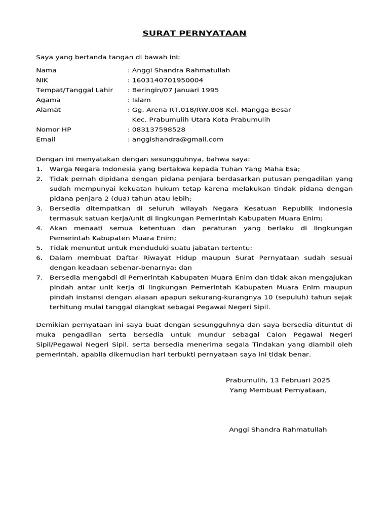 Surat Pernyataan Calon PNS Anggi Rahmatullah | PDF